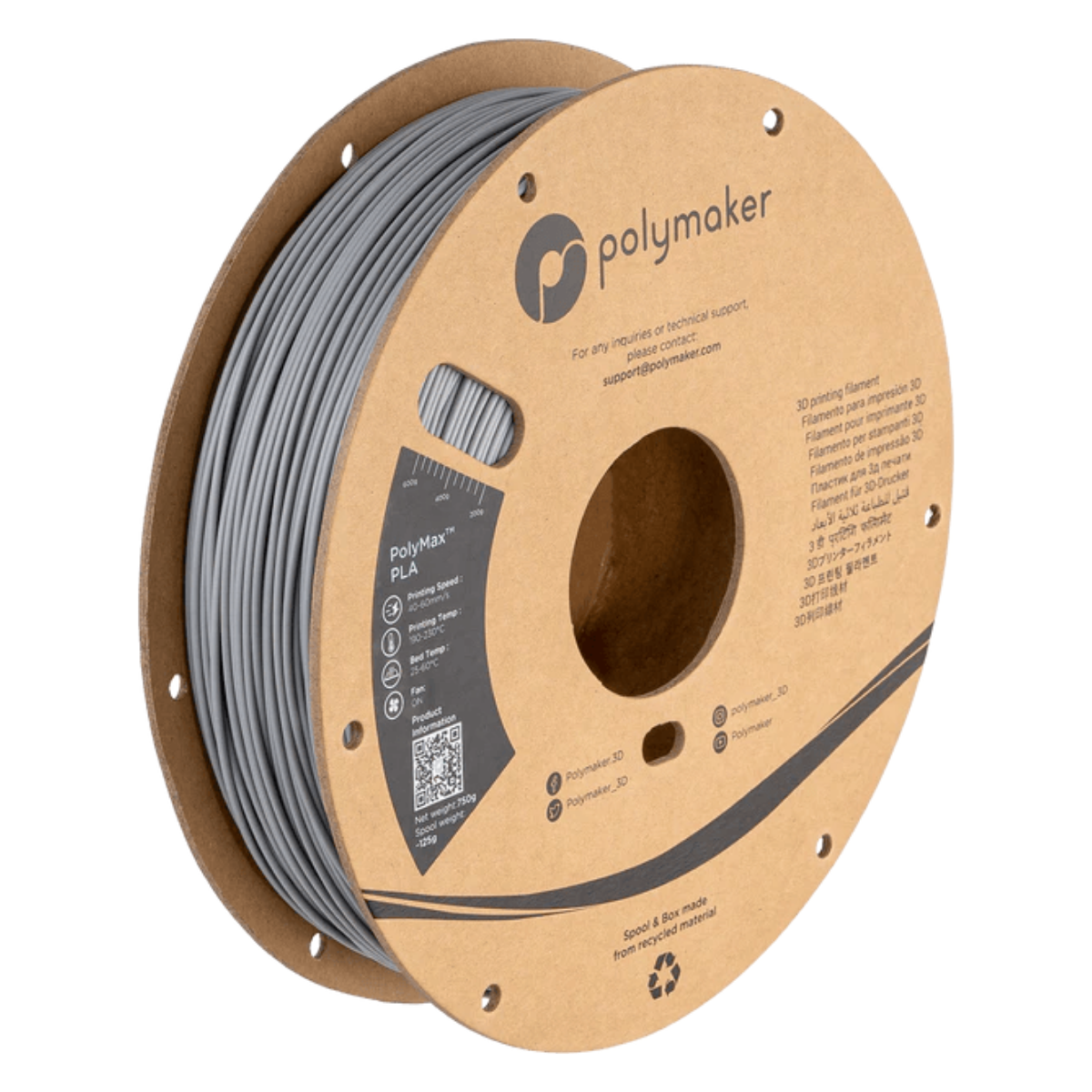 PolyMax Tough PLA Gris - 750g, 1,75mm - 3dconsommables